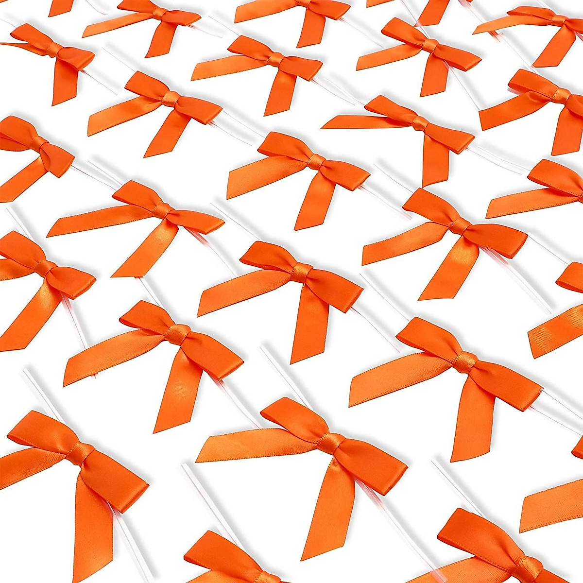 100 Pack Orange Bow Twist Ties for Treat Bags, 3-Inch Pre-tied Satin Ribbons for Crafts, Gift Wrap, Themed Party Favors, Baked Goods