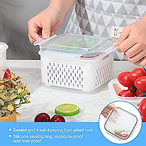 Potchen 6 Pcs Fruit Vegetable Storage Containers Plastic Produce Saver Food Refrigerator Organizer Bins Fresh for Fridge with Lids and Colander (Medium, Small), Clear