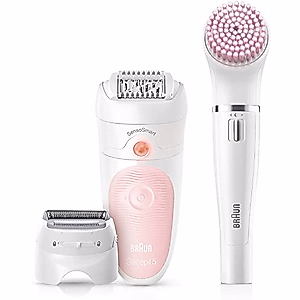 Braun Silk-épil Wet & Dry 5 5-895 Beauty Set, Women Epilator for Hair Removal, Attachments Made for Shaving, Peeling & Facial and Body Cleansing - White / Flamingo