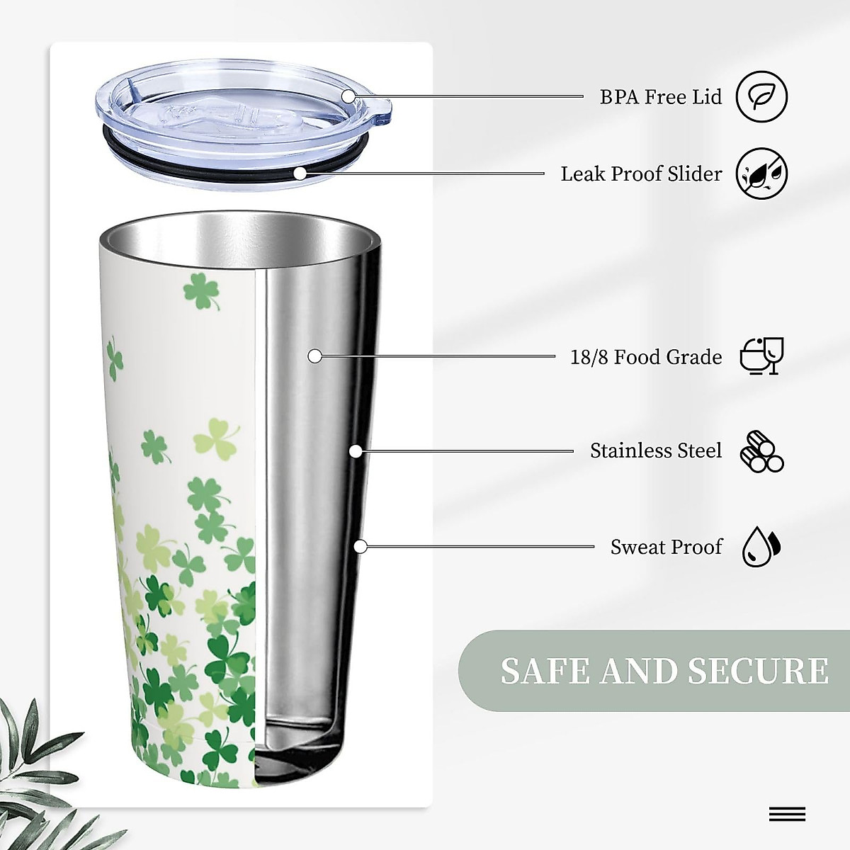 CHASOEA St Patrick's Day Tumbler 20oz Watercolor Shamrock Stainless Steel Insulated Tumblers with Lid and Straw Irish Clover Travel Coffee Mug Tea Wine Cups Water Bottle Holiday Gifts for Women