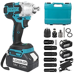 ARyee 21V Cordless Impact Wrench, Brushless Impact Wrench 1/2 inch Max Torque 650N.m, 2Pcs 5.5Ah Battery, 6 Sockets, Fast Charger and Tool Box, High Torque Power Impact Gun for Car/Home