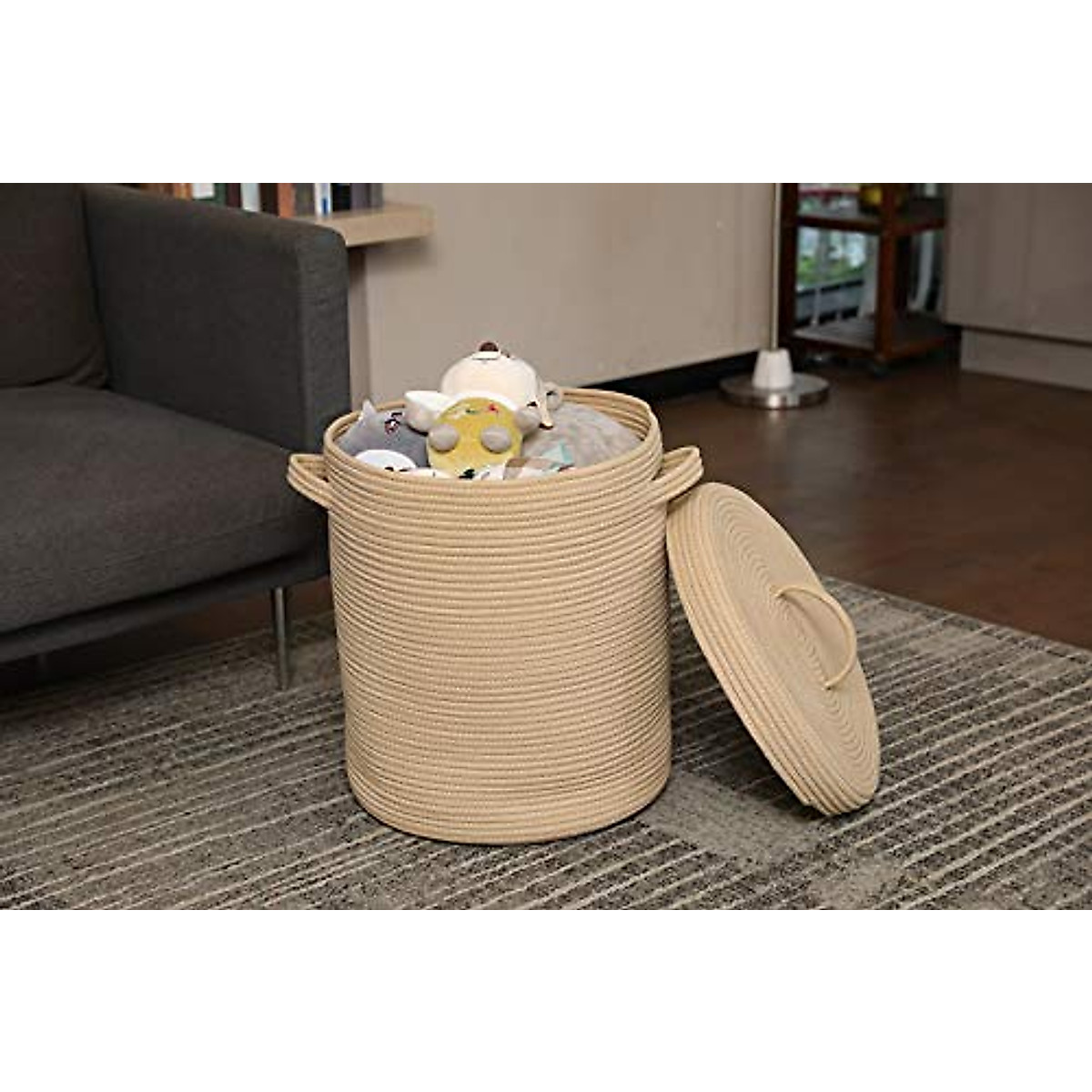 16" x 16" x 18" Large Cotton Rope Storage Basket with Lid, Full Beige with Cover