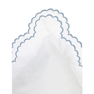 Double Scalloped Percale Weave Embroidered King Size White Duvet Set 300 Thread Count 100% Cotton - Cool Crisp - Luxury Hotel Bedsheet - Oeko Tex Certified Deep Pocket - Blue Piping on Edges