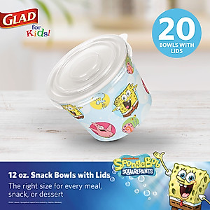 Glad for Kids SpongeBob SquarePants Paper Snack Bowls with Lids, 12oz | Heavy Duty Disposable Soak Proof Microwavable Paper Bowls for Kids and Adults, 20 Count