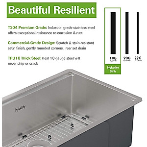 Hykolity 32-inch Kitchen Sink, 16 Gauge Undermount Single Bowl Stainless Steel Kitchen Sink with Strainer & Bottom Grid, 32" x 19" x 9"