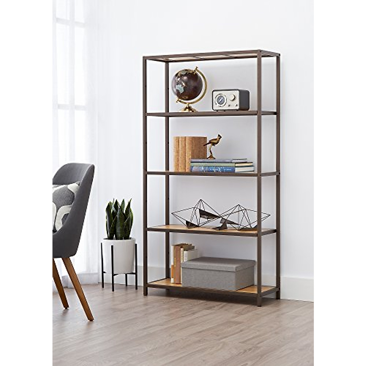Trinity 5-Tier Bamboo Shelf Tower, Decorative Book Shelf and Display Stand for Living Room, Bedroom Storage, Closet, Home Office, and More, 375 Pound Capacity, 32” by 12” by 60”, Bronze