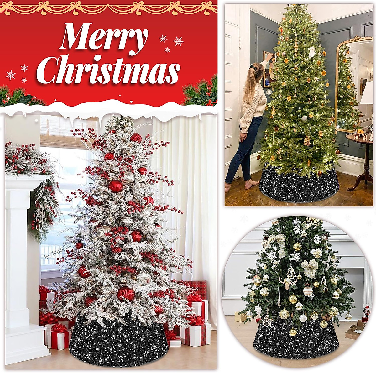 FOTSHARER Black Christmas Tree Collar 23.6 Inches Velvet Christmas Tree Skirt Metal Tree Collar Sequin Christmas Tree Ring Collar for Artificial Trees Rustic Tree Base Box for Xmas Home Ornaments