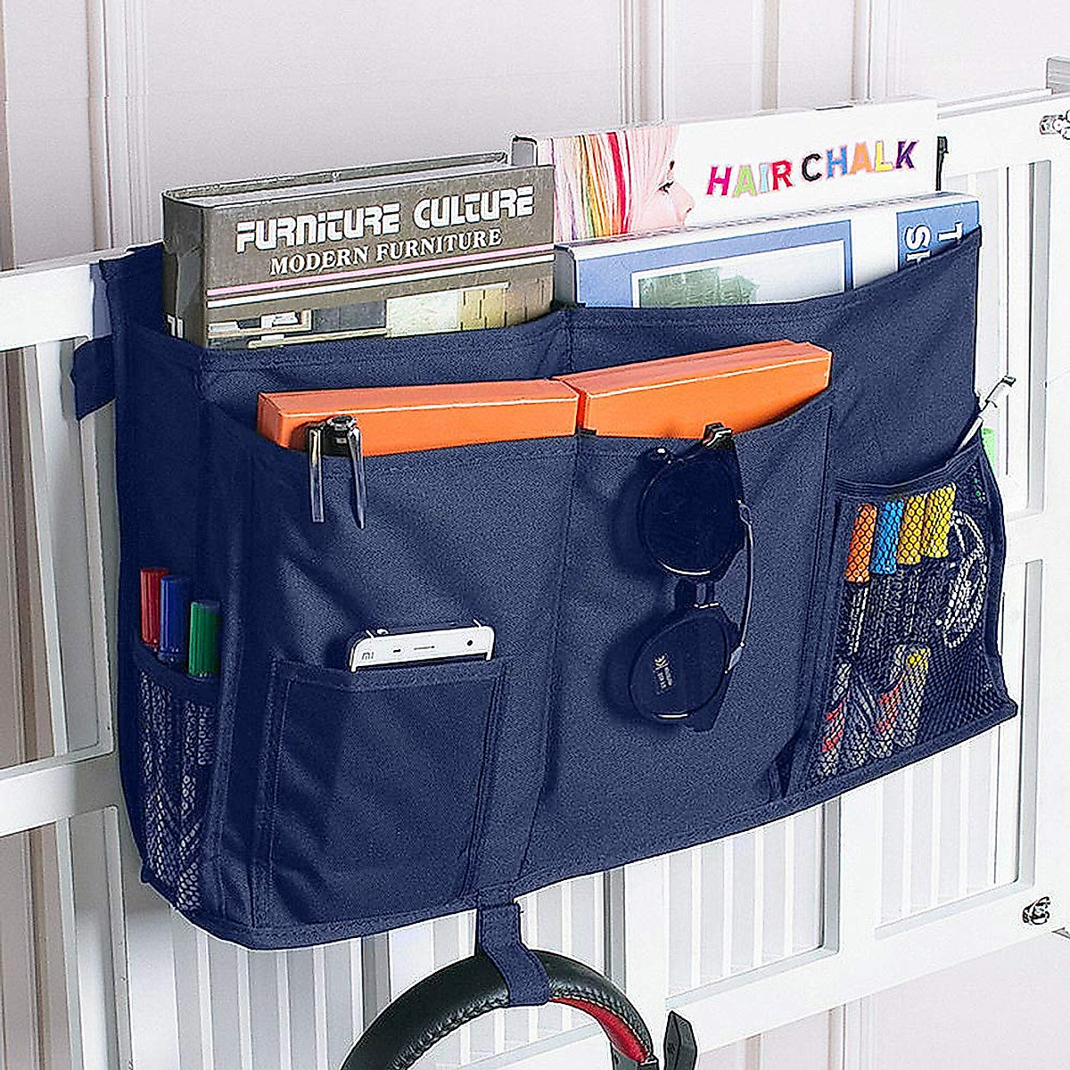 Bunk Bed Organizer, Bedside Storage Caddy Bed Storage Pocket Bedside Organizer Hanging Bunk Organizer for Camp Dorm Room Hospital Bed Rail and More (Navy Blue)