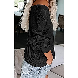 ReachMe Womens Oversized Off The Shoulder Tops Long Sleeve Waffle Knit Shirt V Neck Pullover Sweater(Black,S)