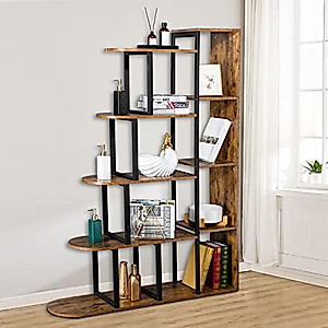 VINGLI 5-Tier Bookshelf, 5 Shelf Geometric Industrial Rustic Open Bookcase, 62.99" H L-Shape Freestanding Corner Ladder Shelf for Living Room, Study, Office, Retro Brown