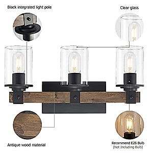 DRNANLIT Wood Vanity Lights,3-Light Farmhouse Bathroom Lighting Fixtures with Clear Glass Shade,Industrial Vintage Rustic Wall Lamp for Bedroom,Living Room,Hallway (3-Light, Antique Wood)