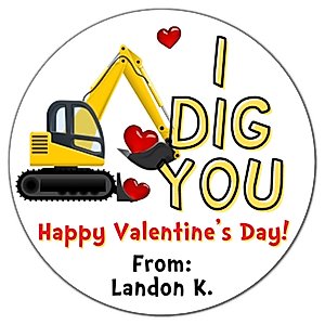 Personalized Construction Digger Valentine's Day Stickers for Kids 20-Count, 2 inch, Custom Classroom Valentines Favor for Boys, Happy Valentine's Day Labels