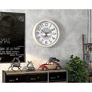 Abdurey Night Light Wall Clock, 12" White Retro-Vintage Style, Silent Battery Operated, Sound Control Sensor Lighted Wall Clocks, for Bedroom, Living Room, Farmhouse (Tree of Life Warm Light)