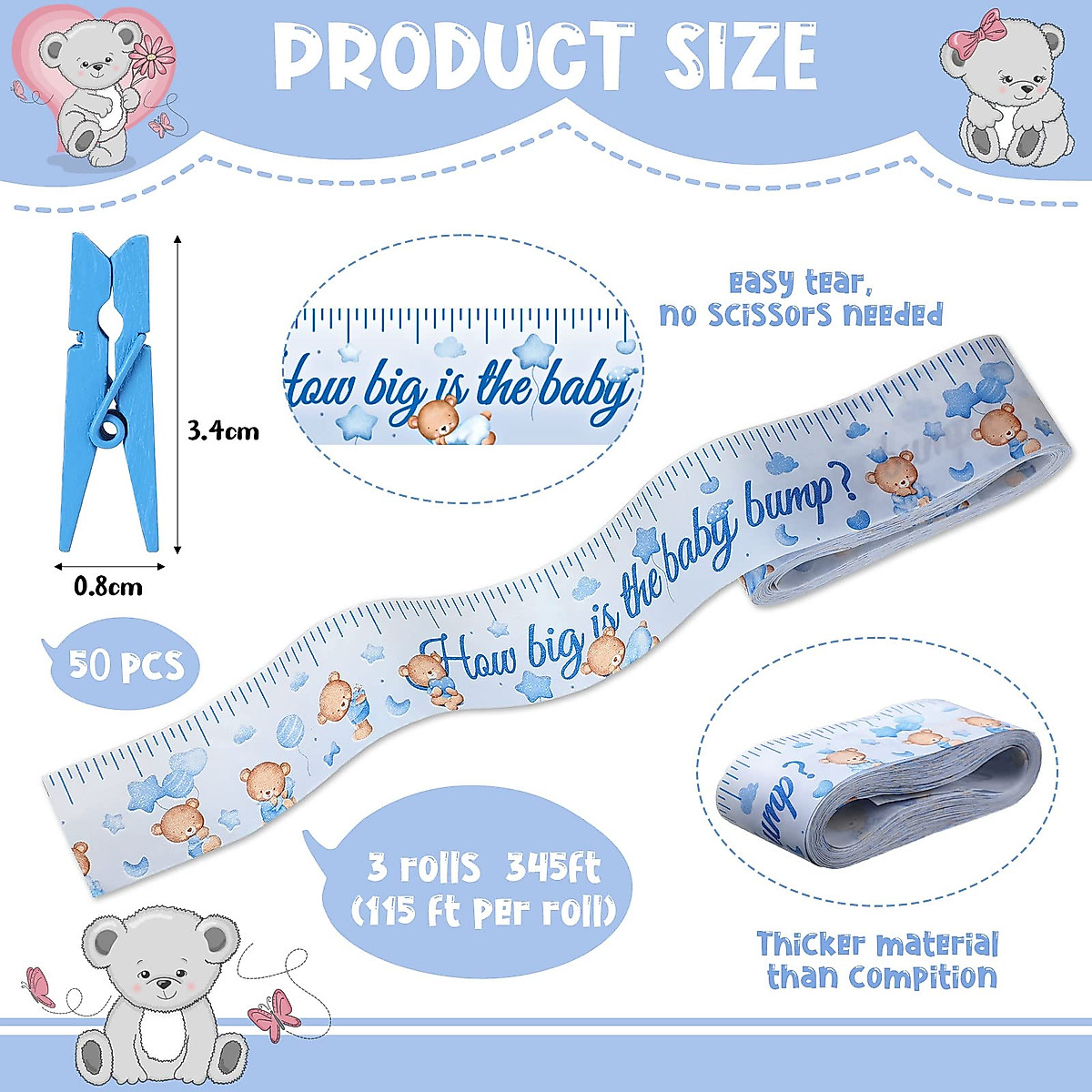 3 Rolls Baby Shower Measure Belly Game Baby Shower Games How Big Is Baby Bump Belly Measuring Tape for Gender Reveal Games Party Supplies, 2 Inch x 115 Ft (Blue Bear Style)
