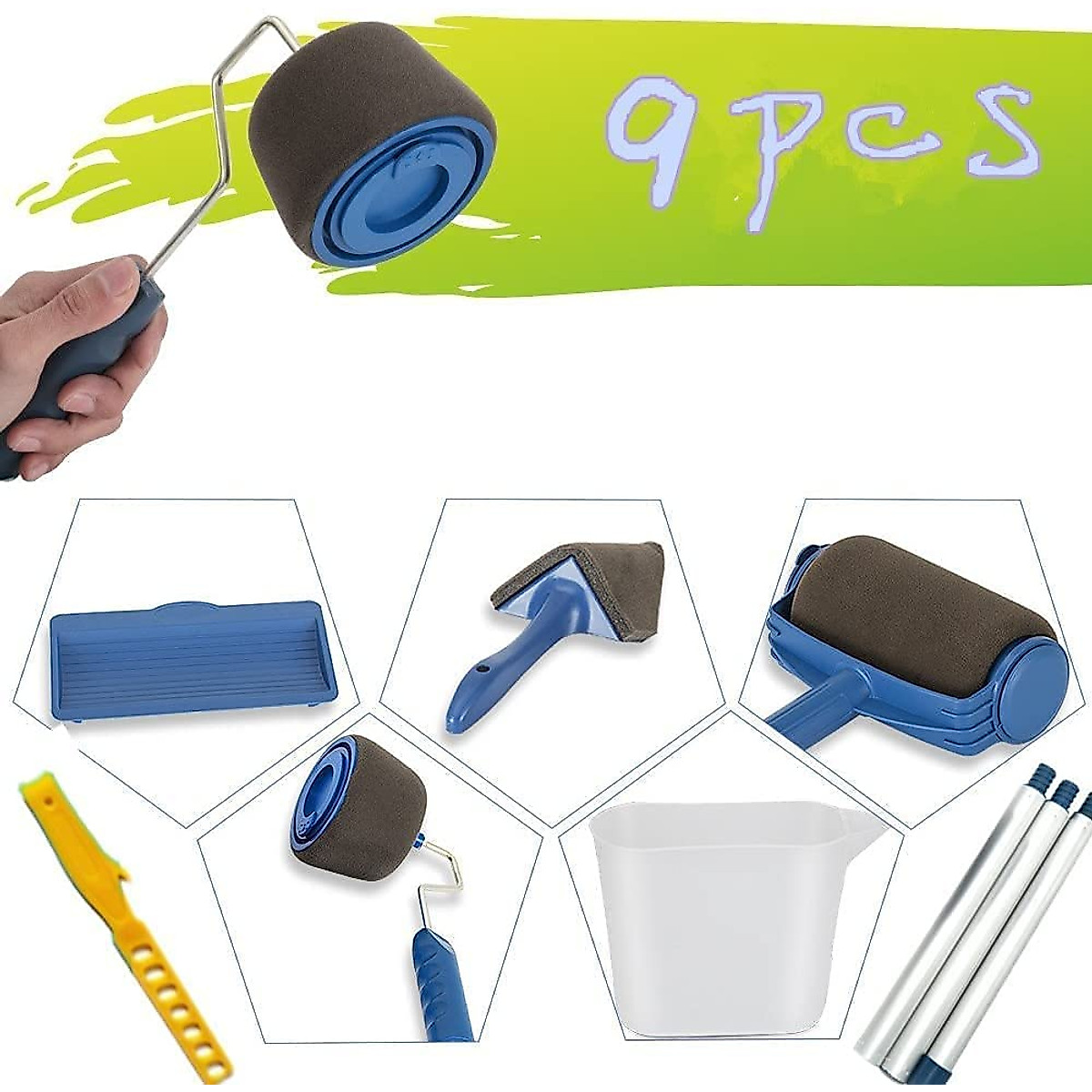 TOURACE® 9Pcs/set Paint Roller Set with Sticks Paint Roller Pro Transform Your Room in Just Minutes Quickly Decorate Runner Tool Painting Brush Set.