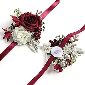 Saiiwnn 2pcs Wrist Corsage Women Bride Bridesmaid Hand Flower Wristlet Band Bracelet for Wedding Party Prom Artificial Flower Accessories Decorations (Burgundy)