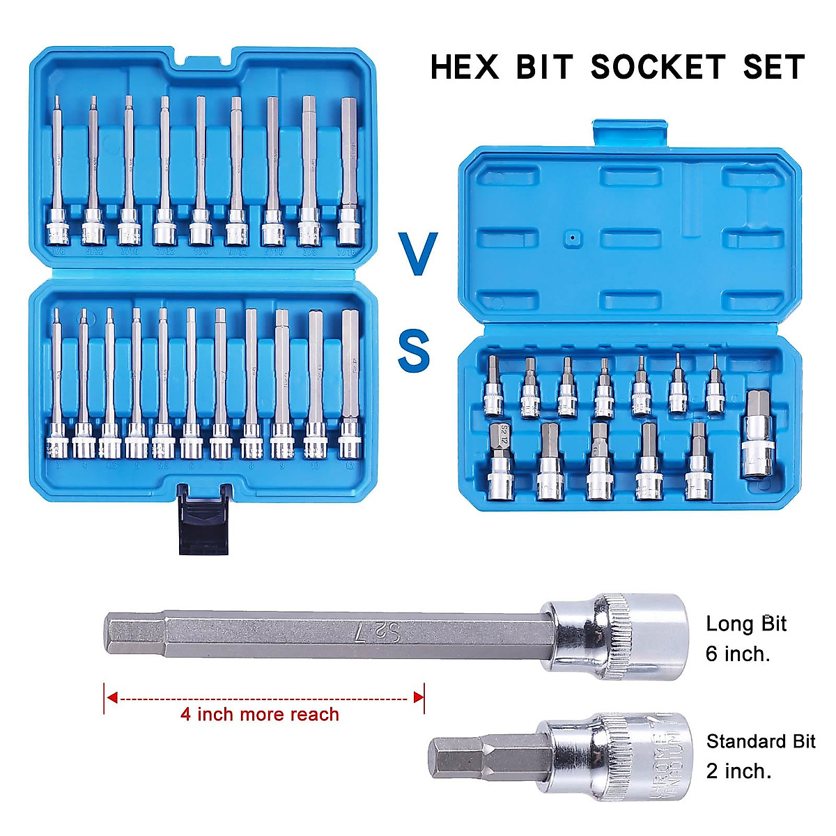 20PCS Extra Long Hex Bit Socket Set 3/8 Inch Drive | Standard SAE & Metric (1/8-Inch - 3/8-Inch, 3-12mm) | S2 Alloy Steel Allen Bits | Heavy Duty Cr-V Sockets Set