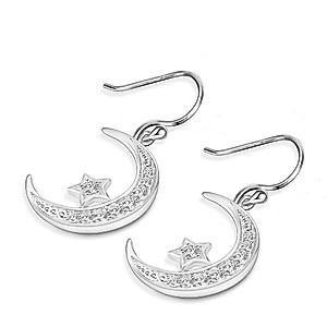 Sterling Silver Round Cubic Zirconia Crescent Moon & Star Dangle Earrings Star Jewelry for Women Mom