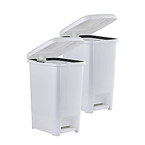 Superio Slim Step On Pedal Plastic Trash Can, Waste Bin for Under Desk, Office, Bedroom, Bathroom, Kitchen (2.5 gal) (White 2 Pack)