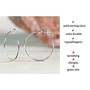 Hoops & Loops 925 Sterling Silver Open 1.5mm Thin Polished Round C-Hoop Earrings, 15mm