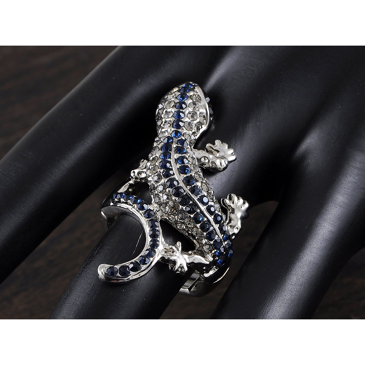 Alilang Adjustable Silvery Tone Dark Blue Rhinestones Lizard Reptile Ring