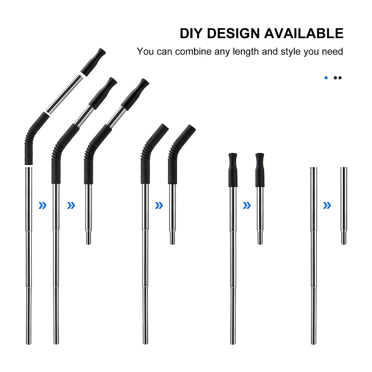 Portable reusable straws with soft silicone nozzle, retractable and collapsible stainless steel drinking straw with metal case and cleaning brush, suitable for travel-Black