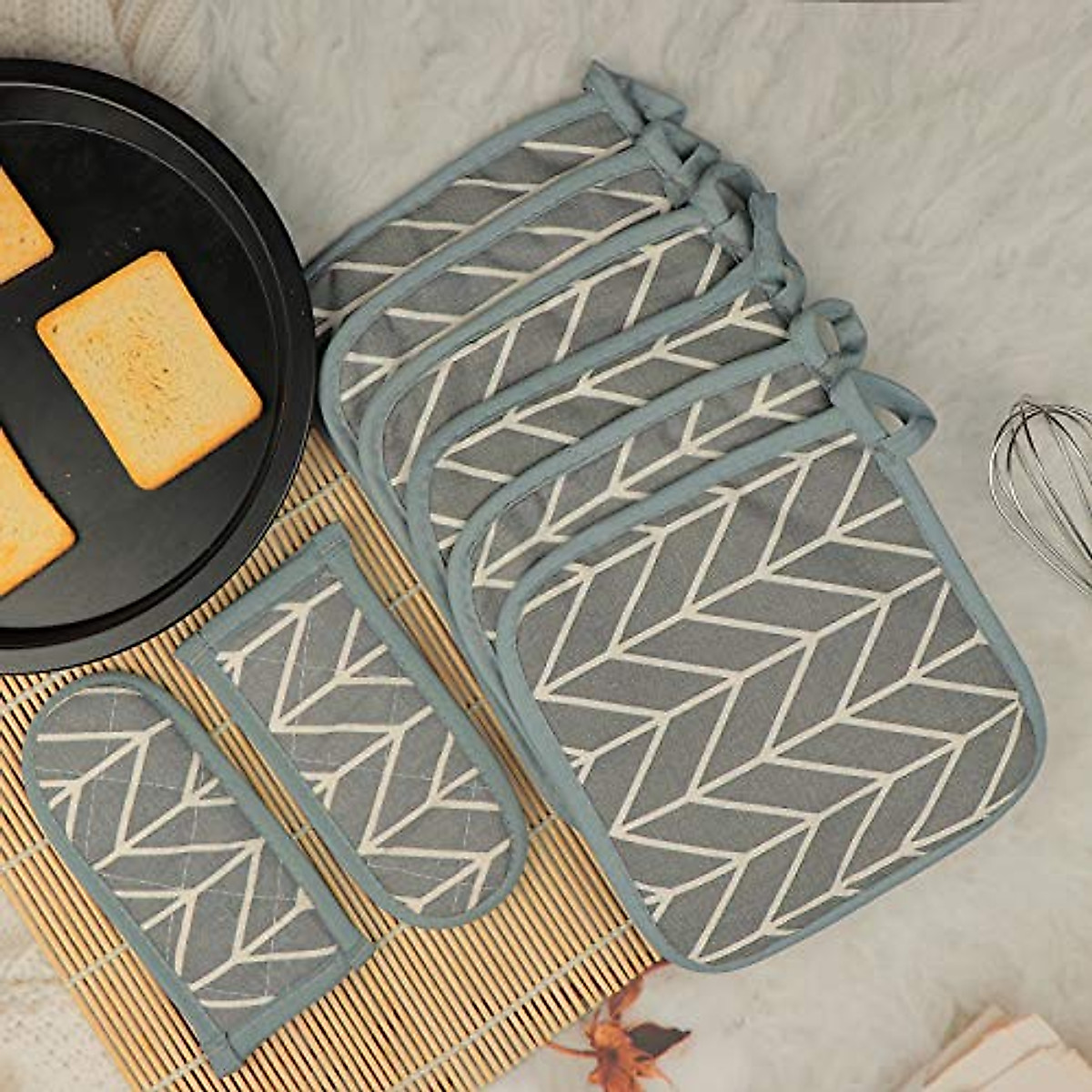 Win Change Heat Resistant Potholders Hot Pads-6 Kitchen Pot Holders Set with 2 Pan Hot Handle Holders Trivet for Cooking and Baking,with Recycled Infill Terrycloth Lining(Grey,8 Piece)