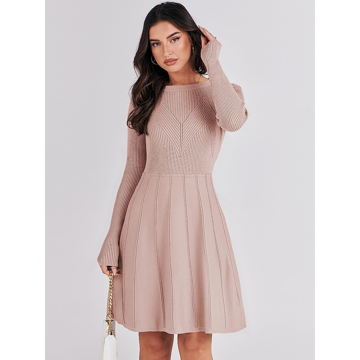 ANRABESS Women Midi Sweater Dress Long Sleeve Crewneck High Waist Casual A-Line Pleated Dresses Pink Small