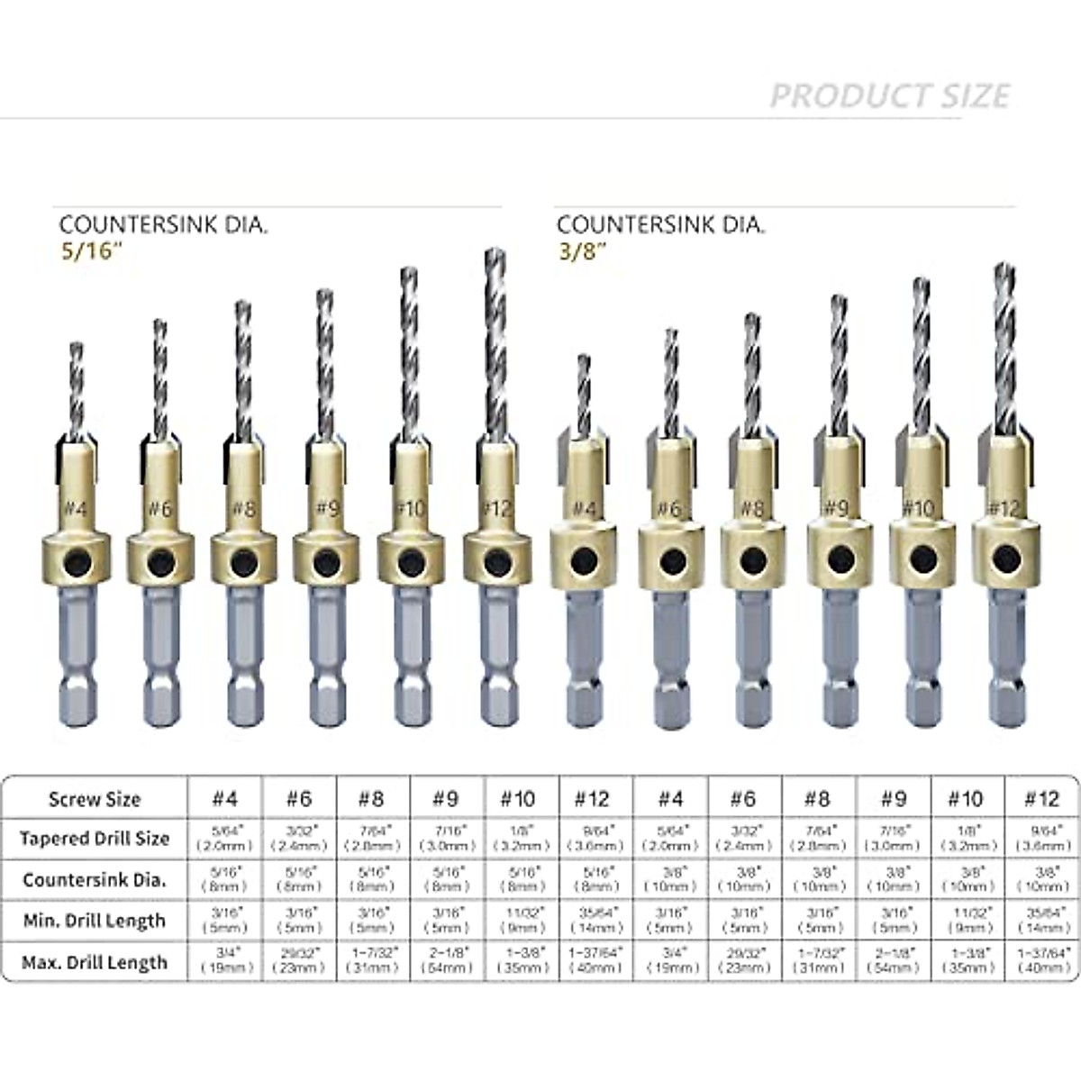 CSOOM Pro Countersink Drill Bit Set 12 PC Countersink Drill Bits #4, 6, 8, 9,10, 12, (Two Cutting diameters) Counter Sinker Set Wood High Speed Steel, Woodworking Carpentry Reamer
