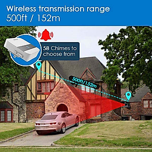 Driveway Alarm Wireless Outside Weatherproof Battery Included Motion Sensor Alarm with 500ft Long Rang 58 Chimes and 4 Level Volume
