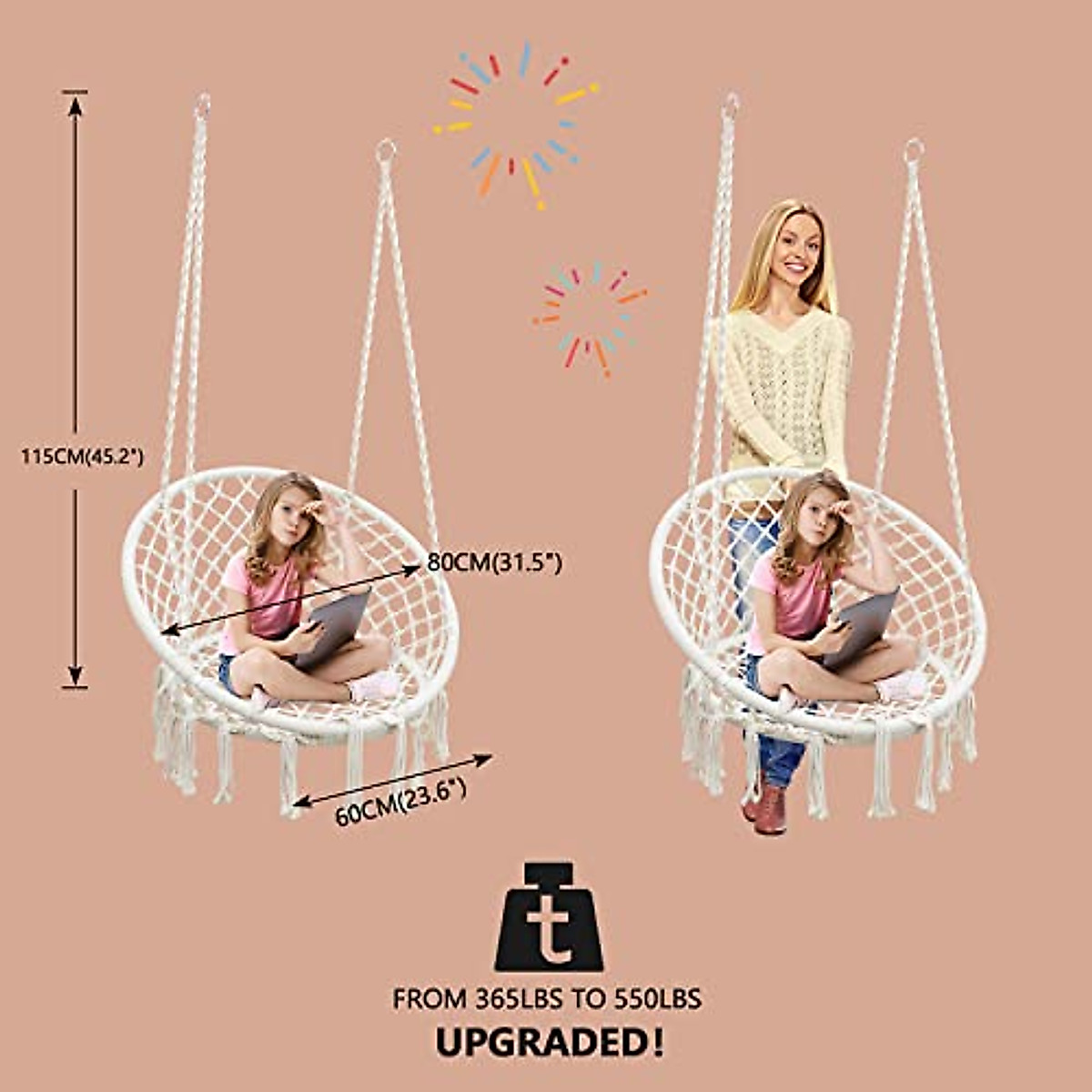 SURPCOS Hammock Chair Macrame Swing, Upgraded Max 550 Lbs Hanging 100% Cotton Rope Swing Chair with Stainless Steel Hardware Kits, Macrame Swing for Indoor and Outdoor Use (Beige)