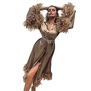 WDIRARA Women's Long Sleeve Satin Fuzzy Trim Robe Bridesmaid Robe Wedding Party Robe Bronze M