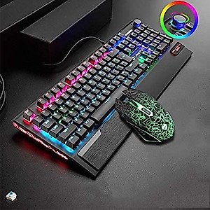 Multimedia Knob Computer Mechanical Keyboard Sandblast Metal Panel,104-Keys Conflict Free Buttons Gaming Keyboard,Dazzle Colour on Both Side, Mouse+Mouse Pads (Black/Raionbow Backlit/Blue Switch)