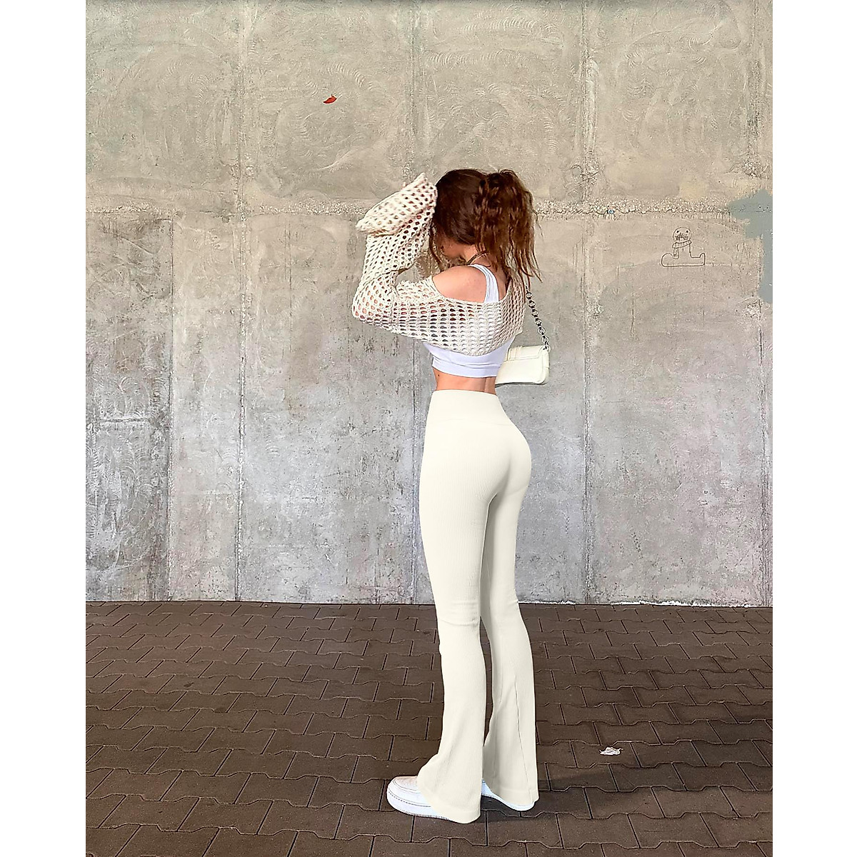 OQQ Women's 2 Piece Yoga Pants Ribbed Seamless Workout High Waist Bell Bottoms Flare Leggings Black Beige