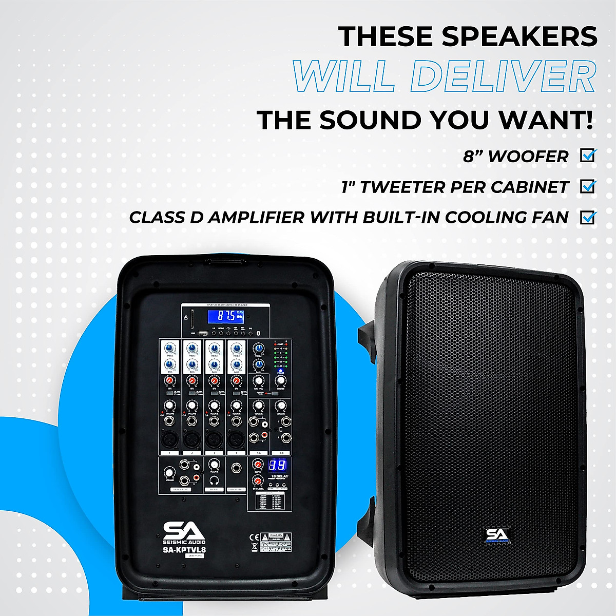 Seismic Audio - SA-KPTVL8 - Portable 8 Channel 500 Watt 8 Inch PA/DJ Speaker & Amplifier System with Bluetooth