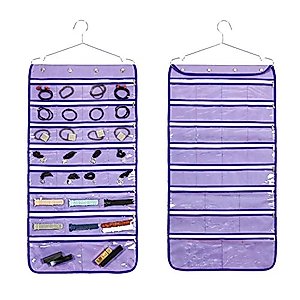 ANIZER Dual Sided Hanging Jewelry Organizer with Hanger for Closet Necklace Earrings Bracelet Ring Travel Holder (56 Zippered Clear Pockets Purple)