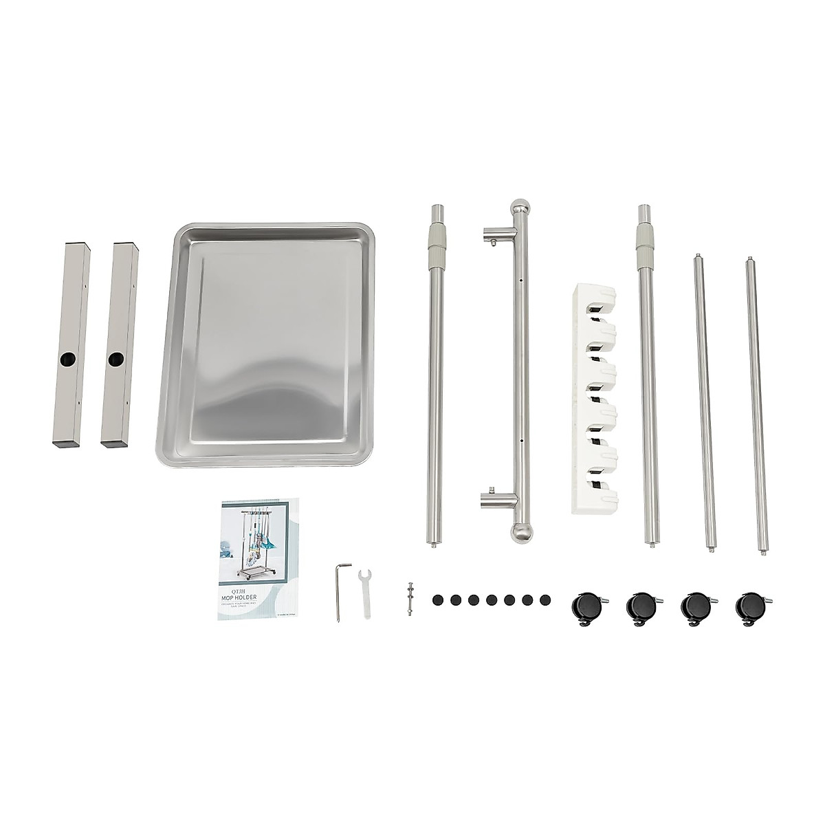 CheriMuMu Broom mop Holder, Movable Put Wet Mops Floor Standing Cleaning Tool Rack, Stainless Steel Cleaning Supplies Organizer for Schools Hospitals Factories Hotels Restaurant, 6 Hook and 5 Slots