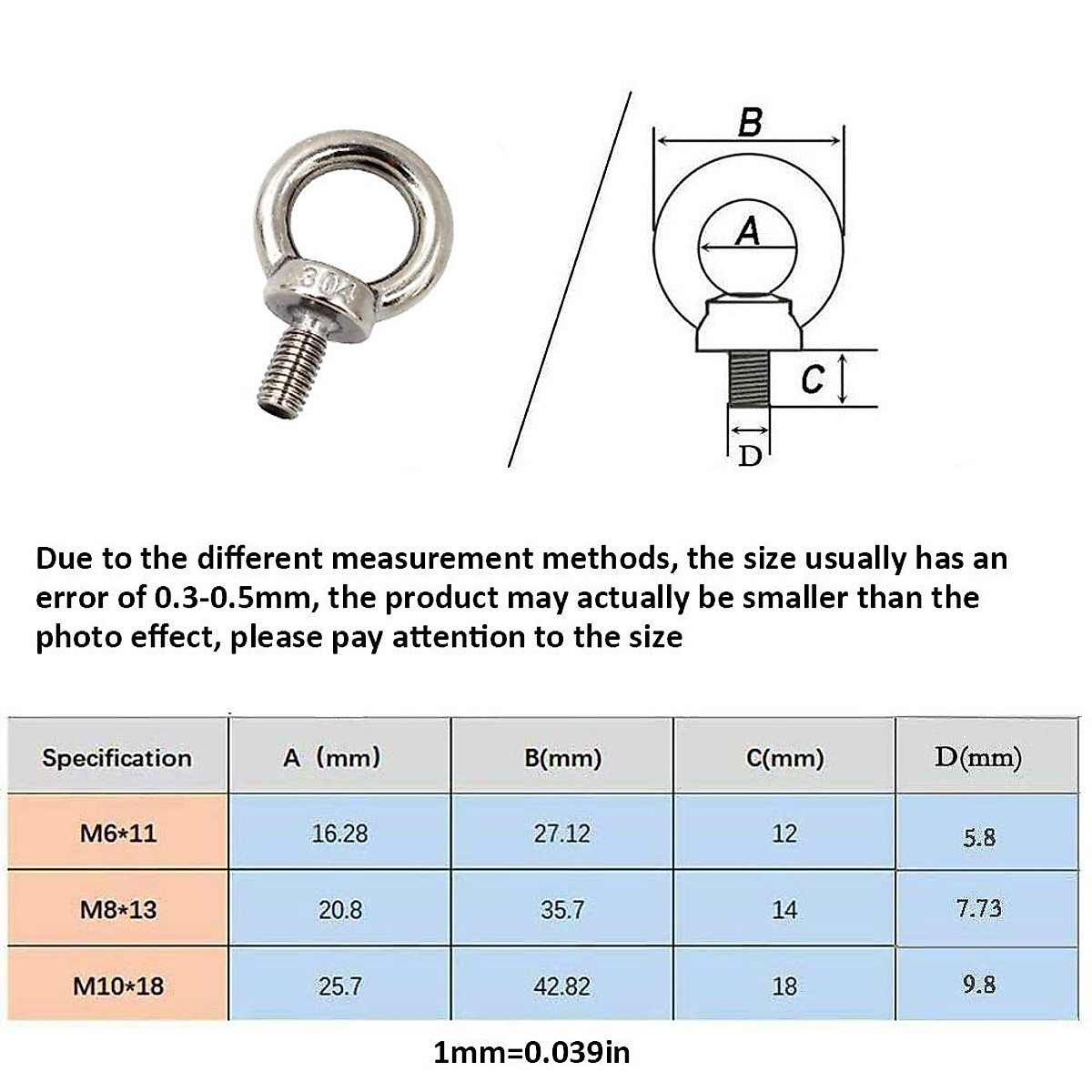 Lependor M8 Metric Machinery Lifting Eye Bolt, 304 Stainless Steel Thread Lifting Ring Eyebolt - 8 Pcs M8 (5/16")
