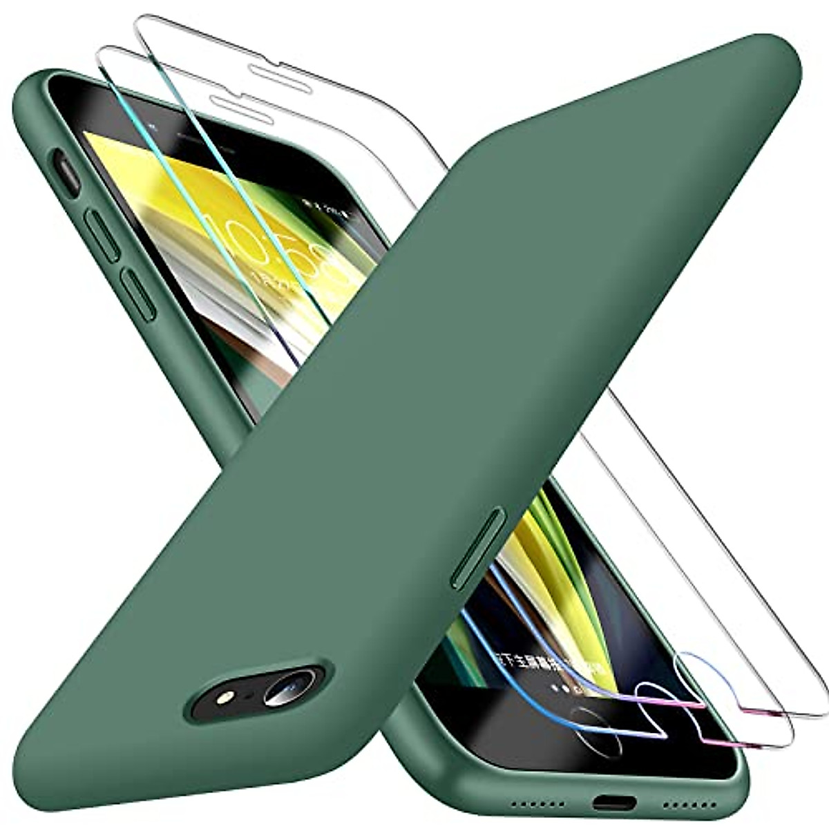 Dssairo [3 in 1 for iPhone SE case 2022/3rd/2020/2nd gen, iPhone 7/8 case，with 2 Pack Screen Protector, Liquid Silicone Ultra Slim Shockproof Protective Phone Case [Microfiber Lining] (Alpine Green)