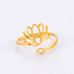 Dreamtimes Lotus Flower Rings for Women Encouragement Lotus Flower Adjustable Ring Vintage Jewelry Buddha Yoga Ring Wedding Mother Bague Gift (GOLD)