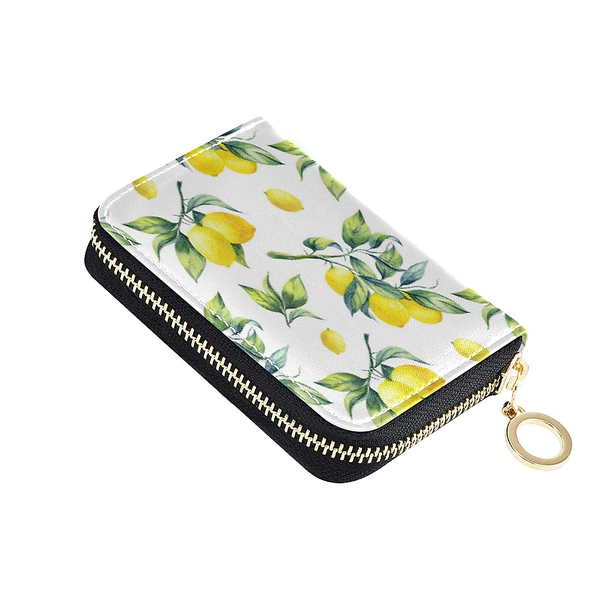 Yellow Lemon With Green Leaves Seamless On White Grey Credit Card Coin wallet, RFID Blocking Compact Women Leather Card Holder, Key Change Organizer, Zipper Purse Clutch Pouch Pocket