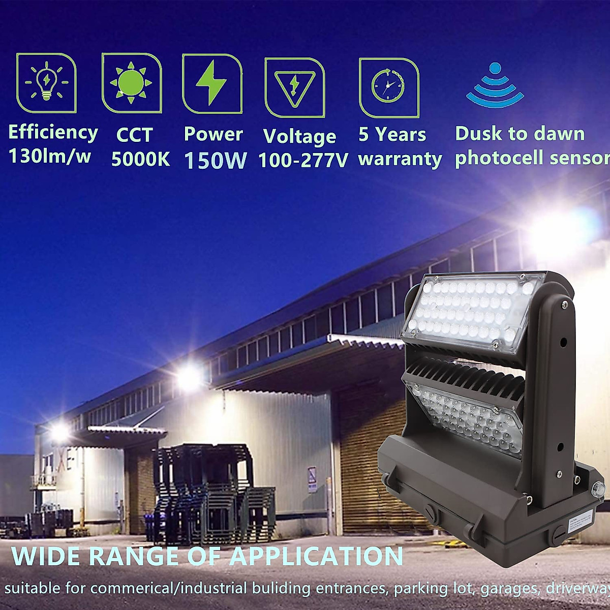 Rotatable LED Wall Pack Light with Dusk to Dawn Photocell, 150W 19500LM 800-1000W HPS/HID Equiv., 5000K Daylight ETL Commercial Outdoor Security Lighting for warehouse, Entrance, Parking, Garage
