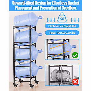 5 Gallon Water Jug Holder, Moveable 4 Tier Heavy Duty Water Rack with 4 Wheels, Rack for Water Jug Storage, Space Saving Water Stand for Four 5 Gallon Water Jugs, Black