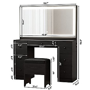 IRONCK Vanity Desk Set with LED Lighted Mirror & Power Outlet, 7 Drawers Makeup Vanities Dressing Table with Stool, for Bedroom, Black