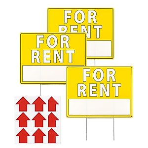 For Rent Sign with Stand Yellow 18" x 14" Double-Sided Corrugated Plastic Yards Signs with Arrow Stickers Metal Stakes for Outdoor Business House Real Estate 3 Pack