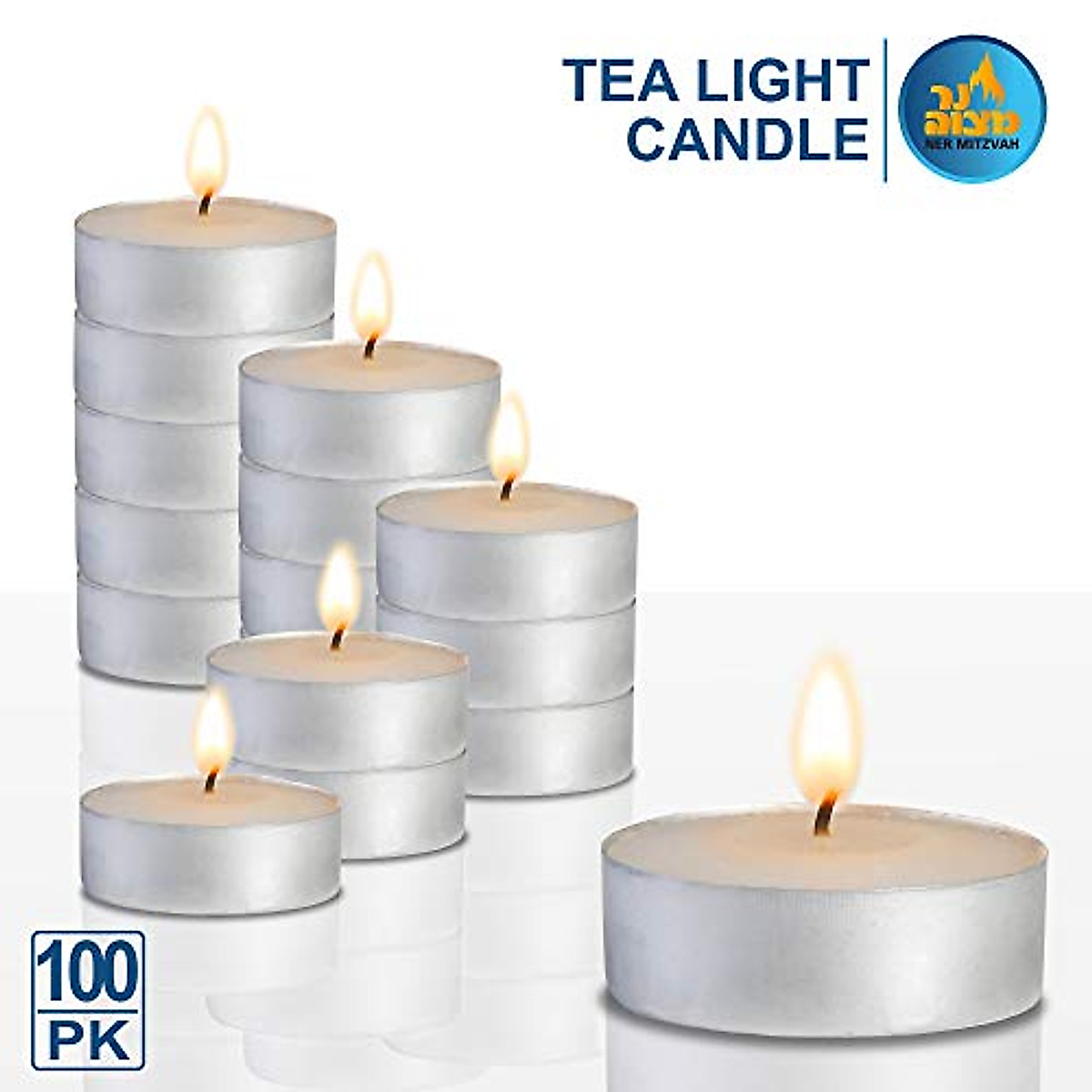 Tea Light Candles - 100 Bulk Pack - White Unscented Travel, Centerpiece, Decorative Candle - 4.5 Hour Burn Time - Pressed Wax - by Ner Mitzvah