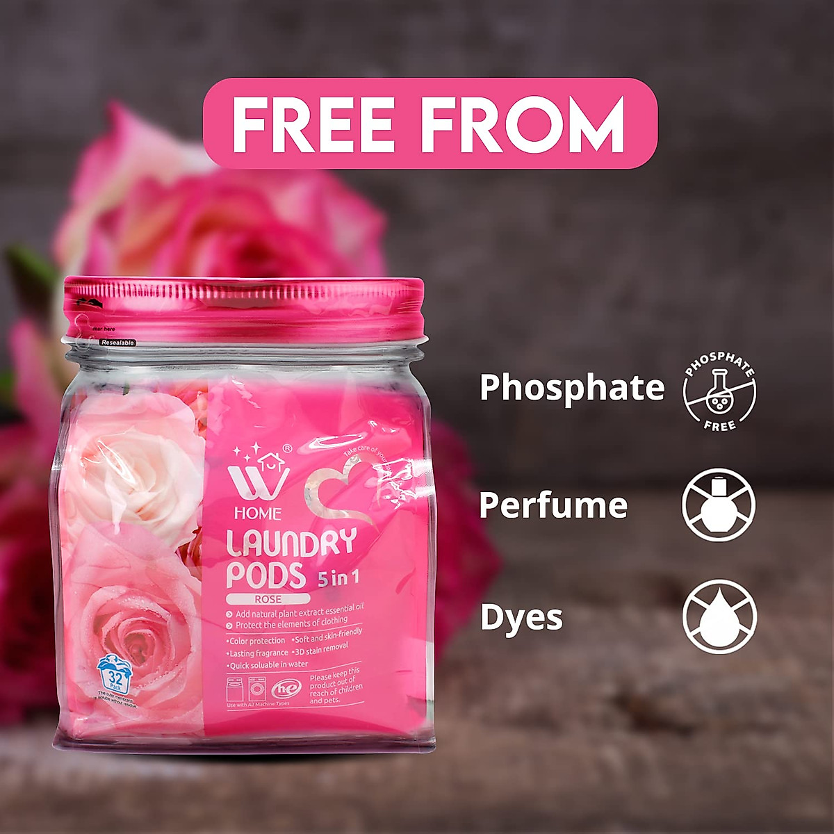 Natural Solution 5-in-1 Laundry Pods, Total 96 Count, Ultra Concentrate with Powerful Stain Lifter Technology, Fabric Softener With Rose Extracts, Detergent Pods, 32 Count/Each (Pack of 3)