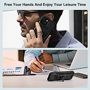 BOBOM [4 in 1 Armor Case for iPhone 14 Case with Stand & Camera Cover [2 Pack Tempered Glass Screen Protector Included] Military Grade Heavy Duty Protective Ring Holder Kickstand Case 6.1 Inch, Black