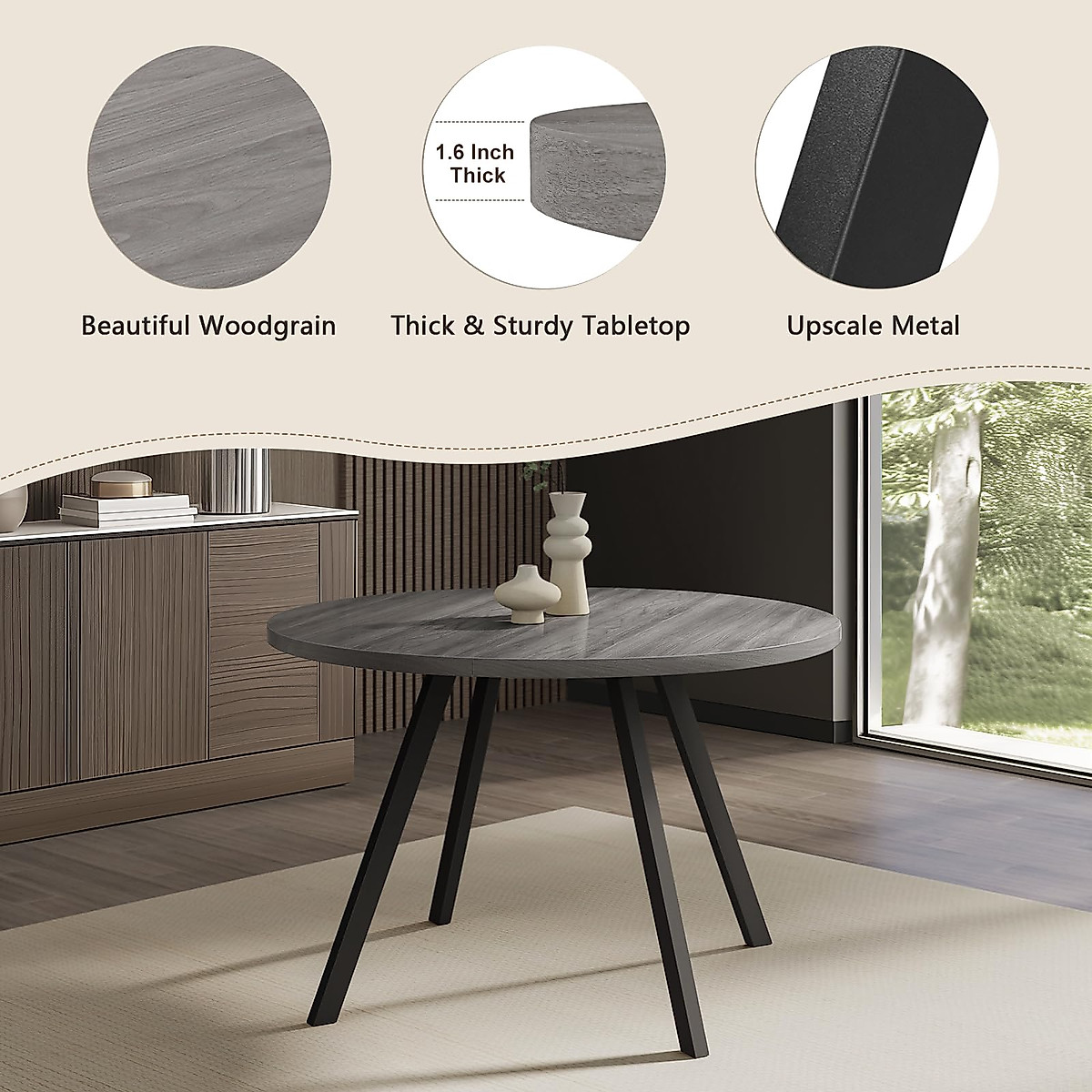 SIMTONAL Round Wood Dining Table for 4-6, 47" Mid Century Modern Kitchen Table (Only Table), Grey