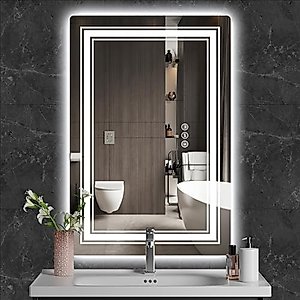 BokiHuk Led Bathroom Mirror with Lights, 40x24 inch Wall Mounted Lighted Vanity Mirror, Makeup Mirror Dimmable Anti-Fog with 3 Colors Light, Waterproof (Backlit & Front-Lighted)